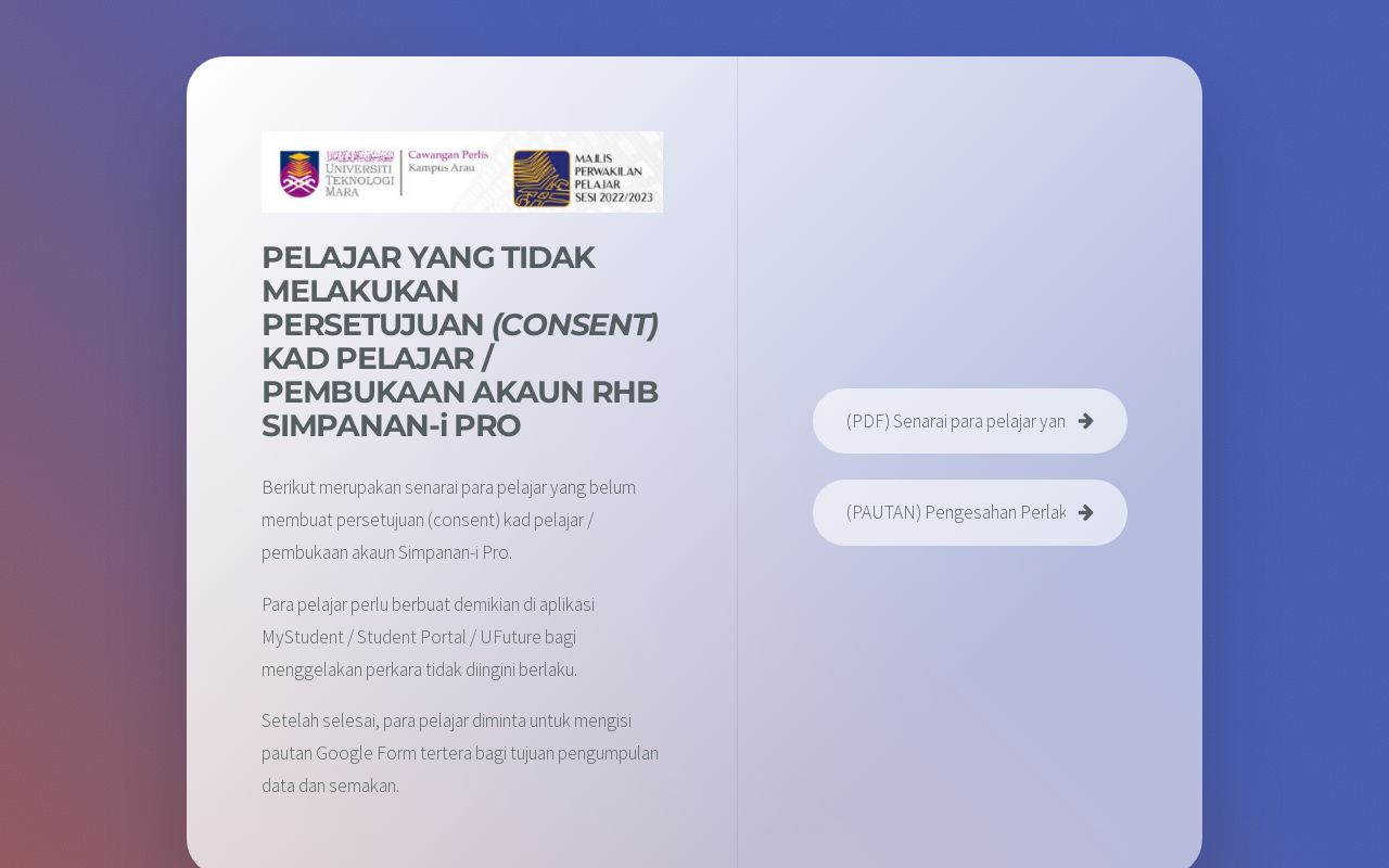 PELAJAR YANG TIDAK MELAKUKAN PERSETUJUAN (CONSENT) KAD PELAJAR ...